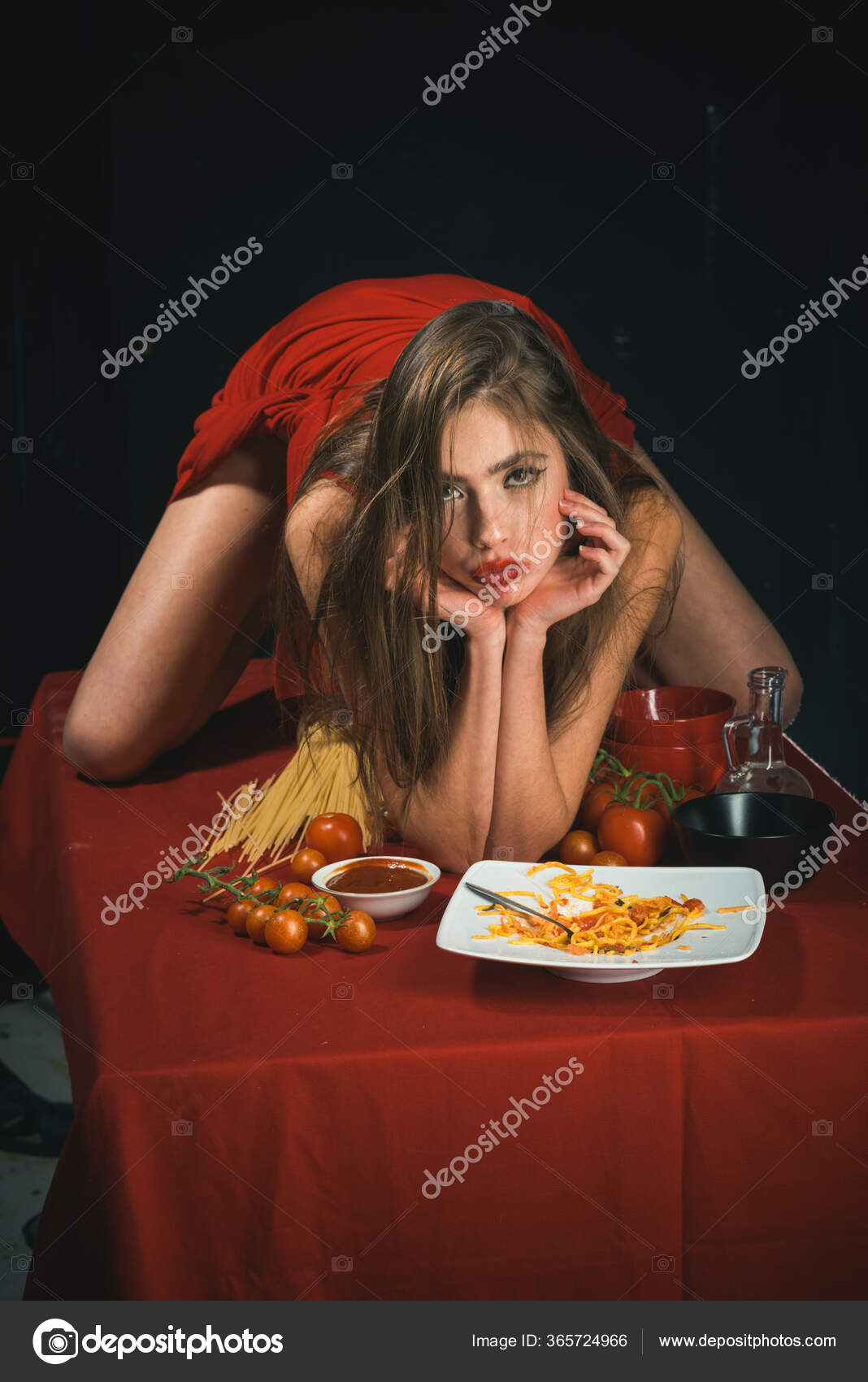 Sexy Kitchen Woman Cooked Spaghetti Italian Food And Menu Concept
