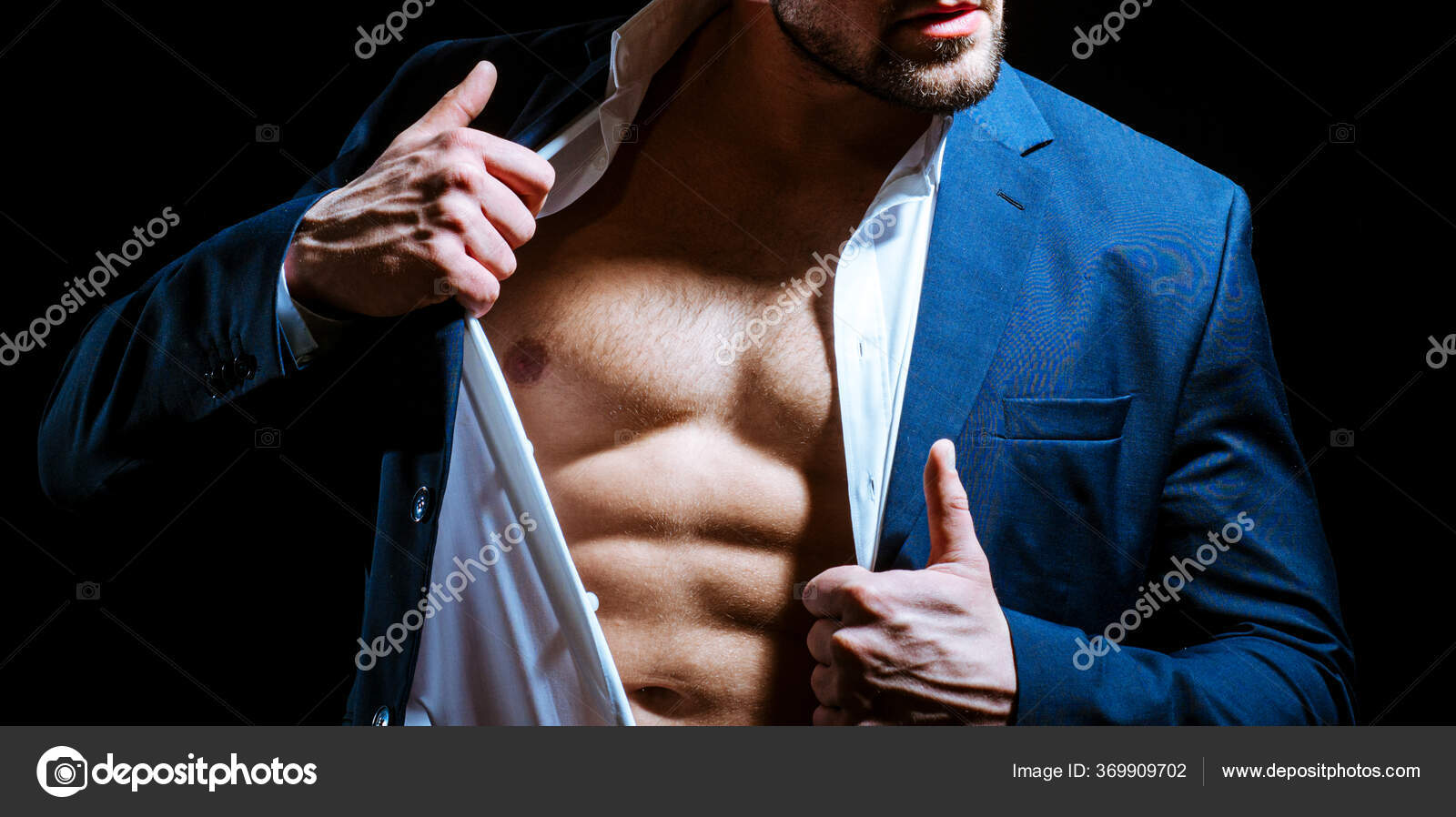Sexy male body torso in suit. Business man undress suit on black ...