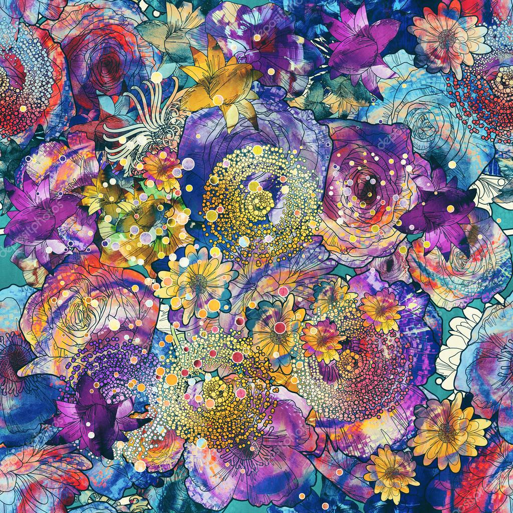 Seamless pattern of colorful flowers with texture — Stock Photo ...