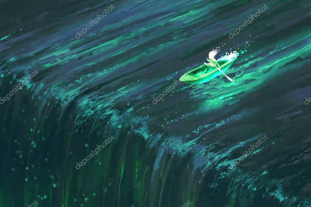 Man rowing in glowing green boat near edge of waterfall — Stock Photo ...