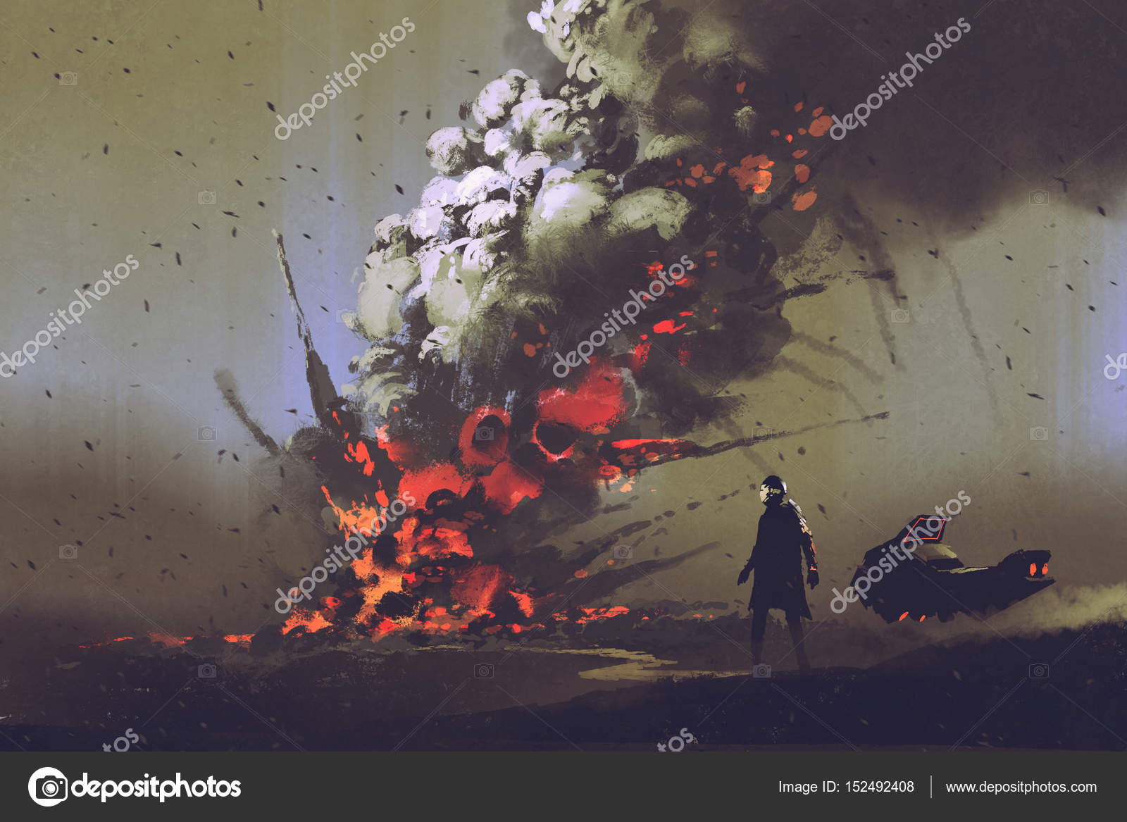 The man with his vehicle looking at bomb explosion on the ground Stock ...