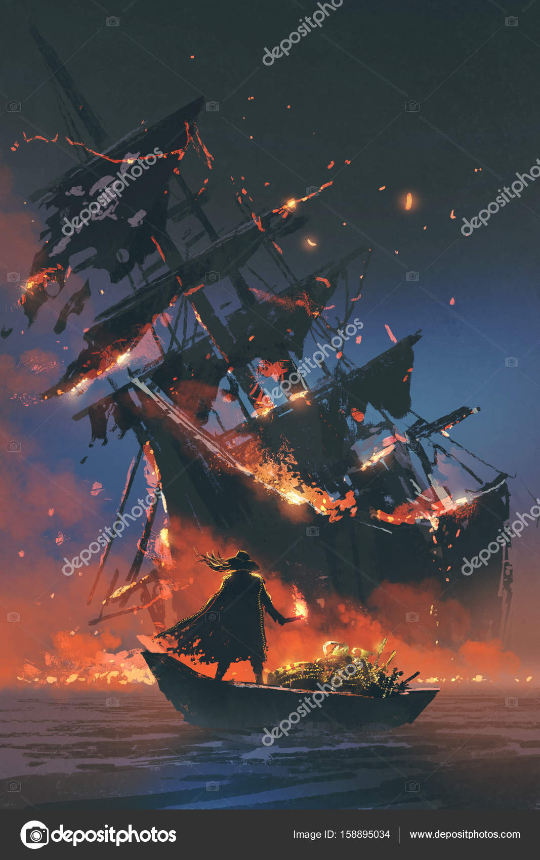 Pirate on boat with treasure looking at sinking ship Stock Illustration ...