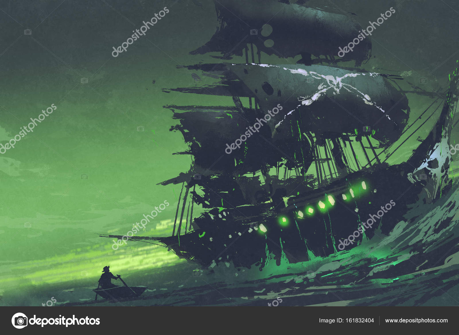 Flying Dutchman ghost pirate ship in the sea with mysterious green ...