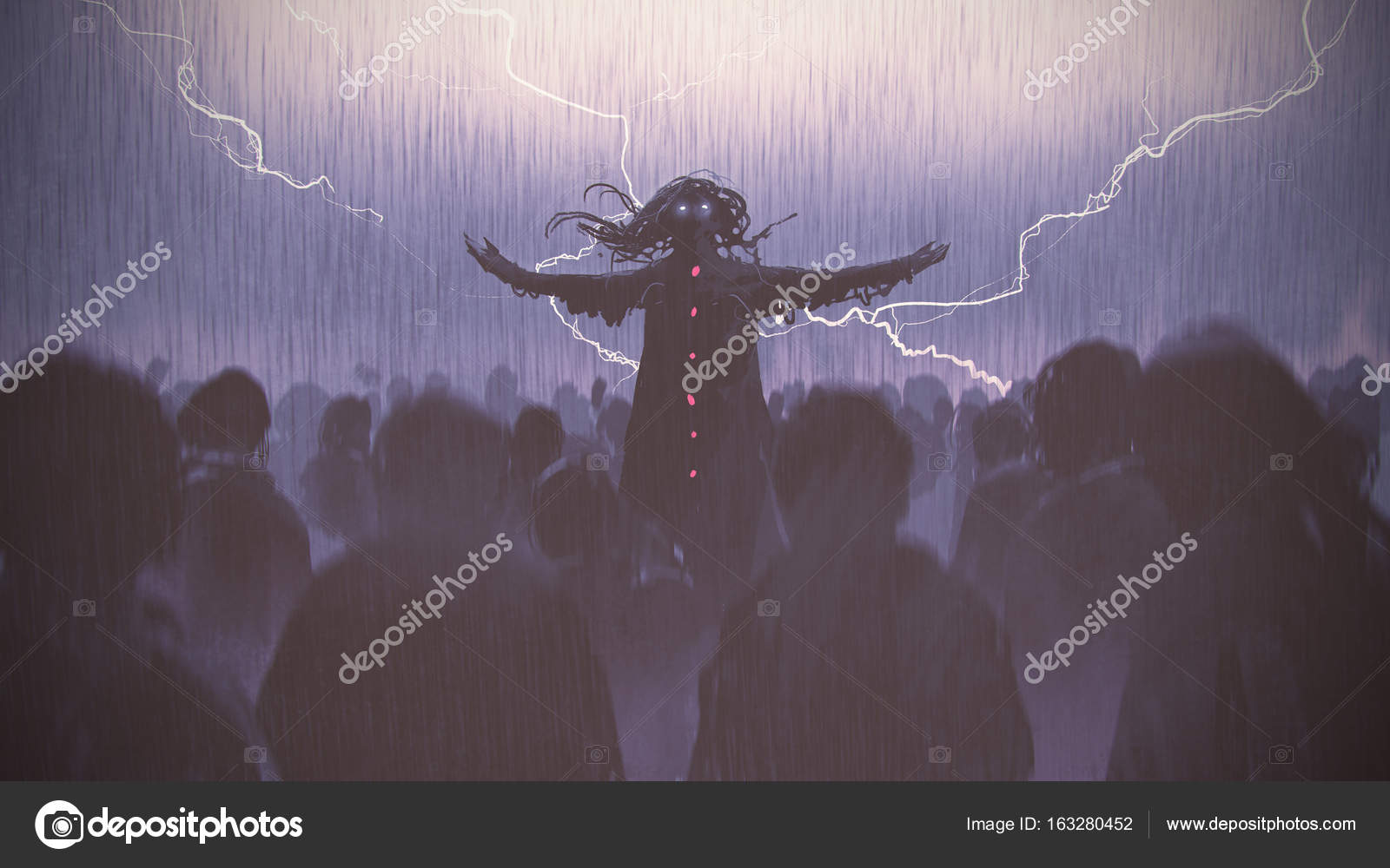 Black wizard raising arms standing out from the crowd Stock Photo by ...