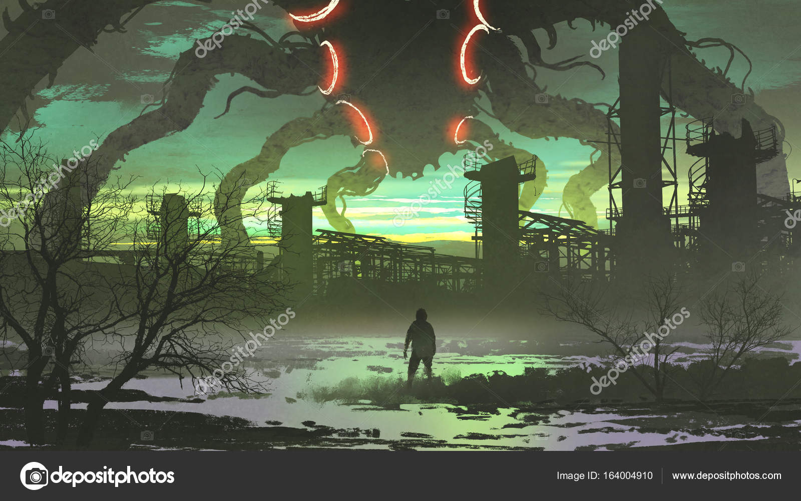 Man looking at giant monster standing above abandoned factory Stock ...