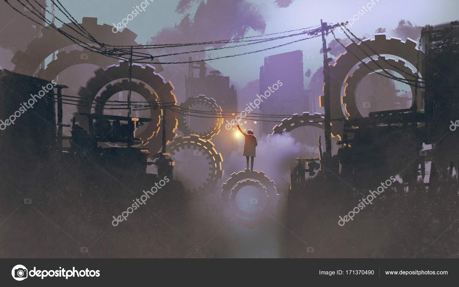 Man standing on giant gears in dark city — Stock Photo © grandfailure ...