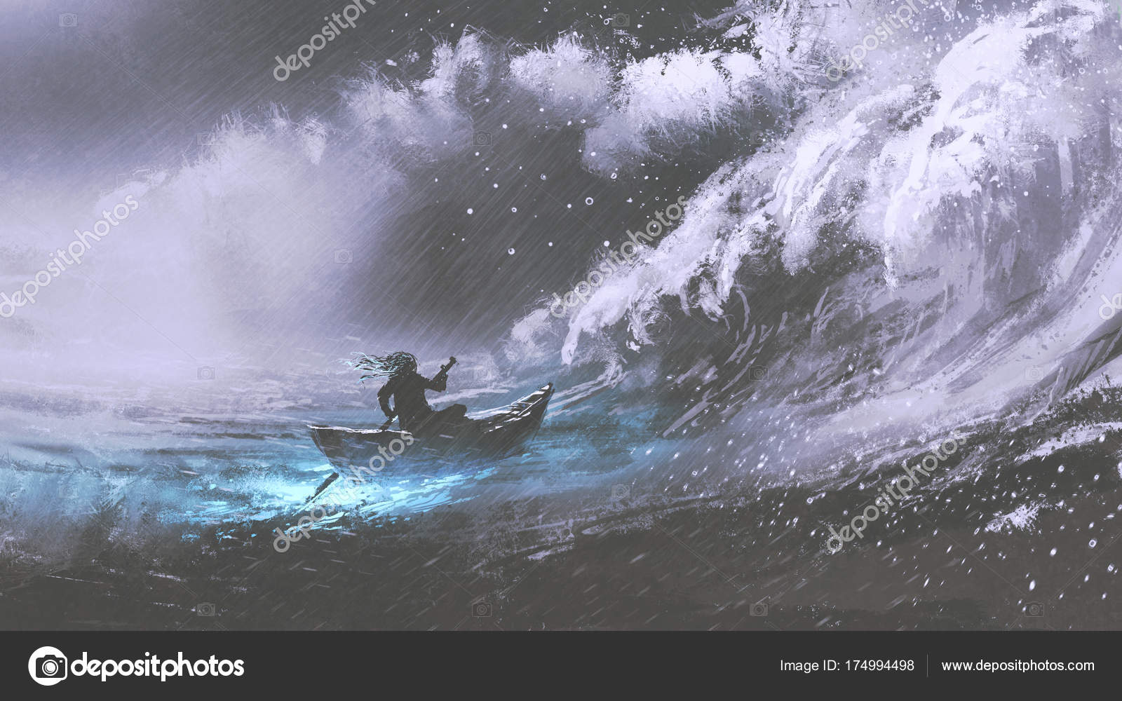 Man Rowing Magic Boat Stormy Sea Rogue Waves Digital Art Stock ...