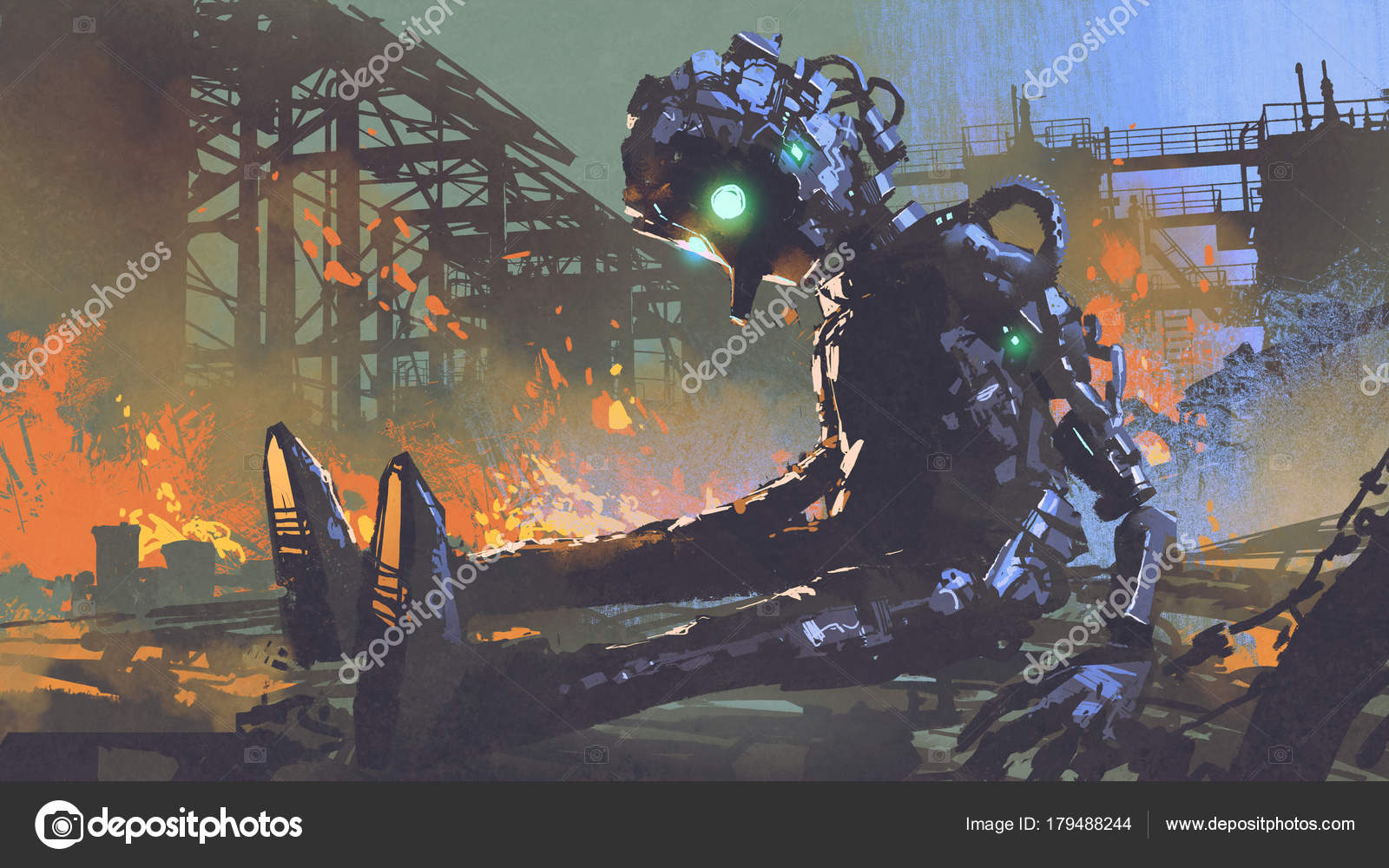 Broken Robot Leaved Abandoned Factory Digital Art Style Illustration ...