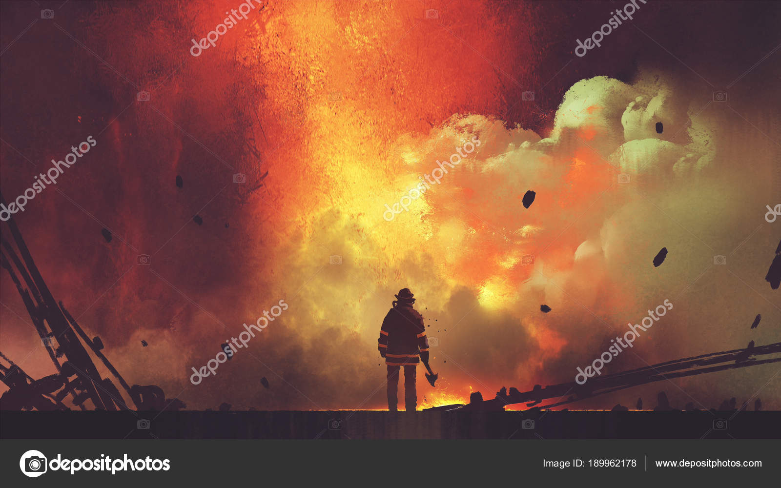 Brave Firefighter Axe Standing Front Frightening Explosion Digital Art ...