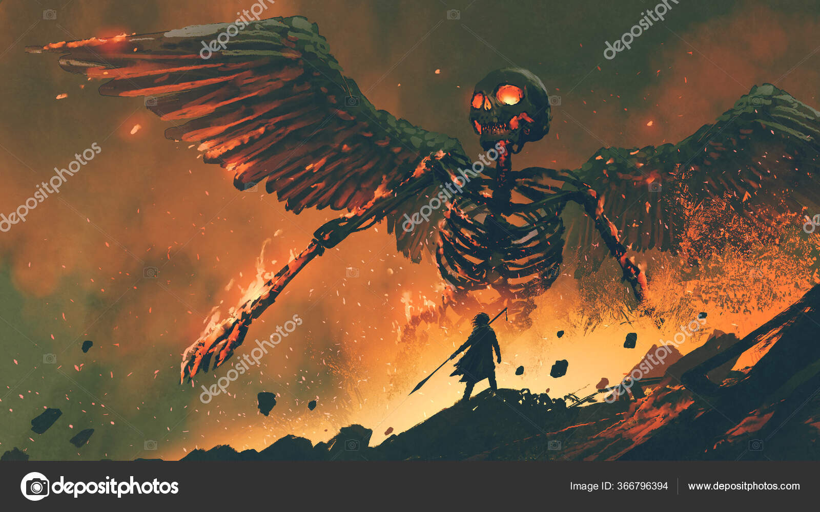 Man His Spear Waking Giant Skeleton Hell Digital Art Style Stock Photo ...