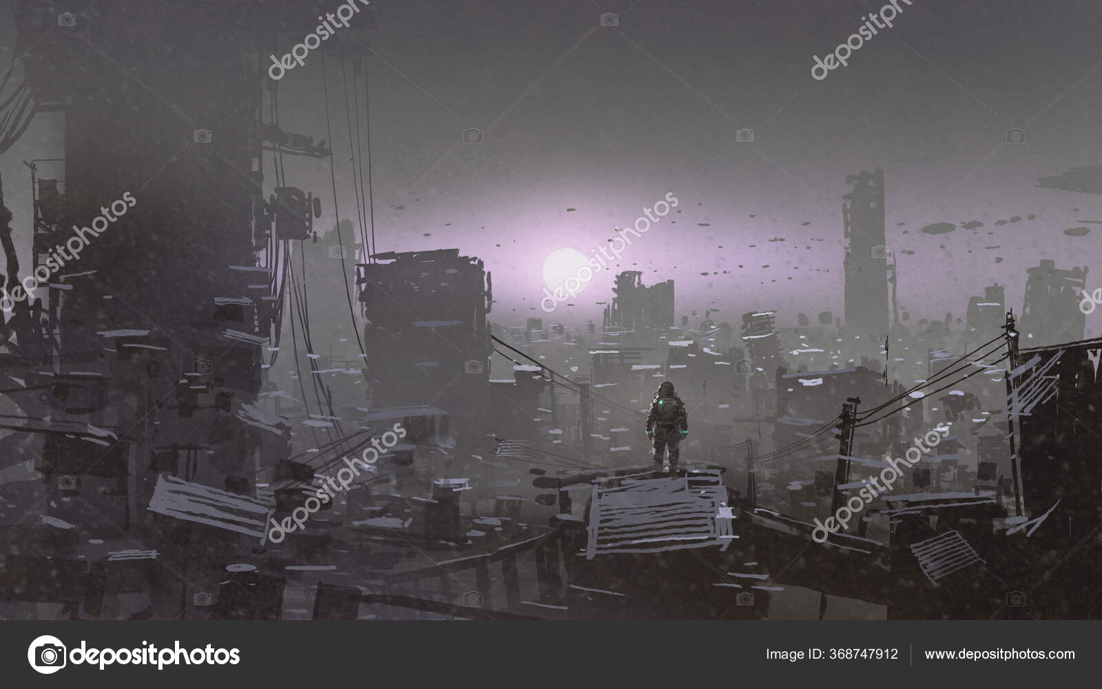 Man Looking Sunset Rooftop Building Post Apocalyptic World Digital Art ...