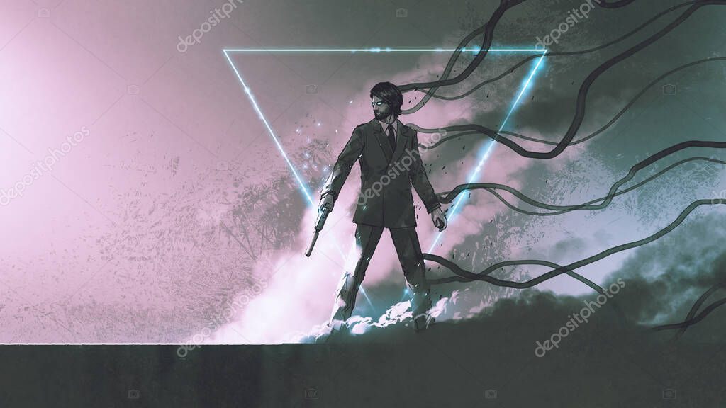 hombre con el arma de pie contra el fondo de humo con misterioso ...