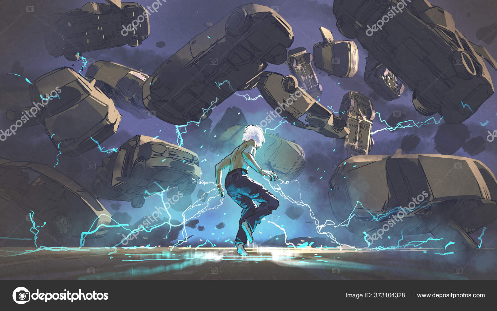 Electric Man Use Evil Powers Destroy Cars Digital Art Style Stock ...