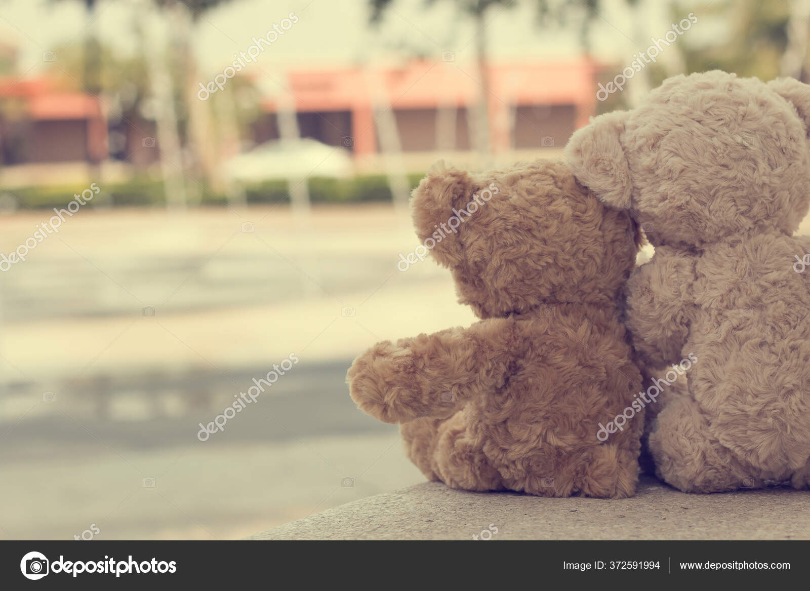 Two Brown Teddy Bears Sitting Chair Cement Hugging Embrace Take — Stock Photo ...