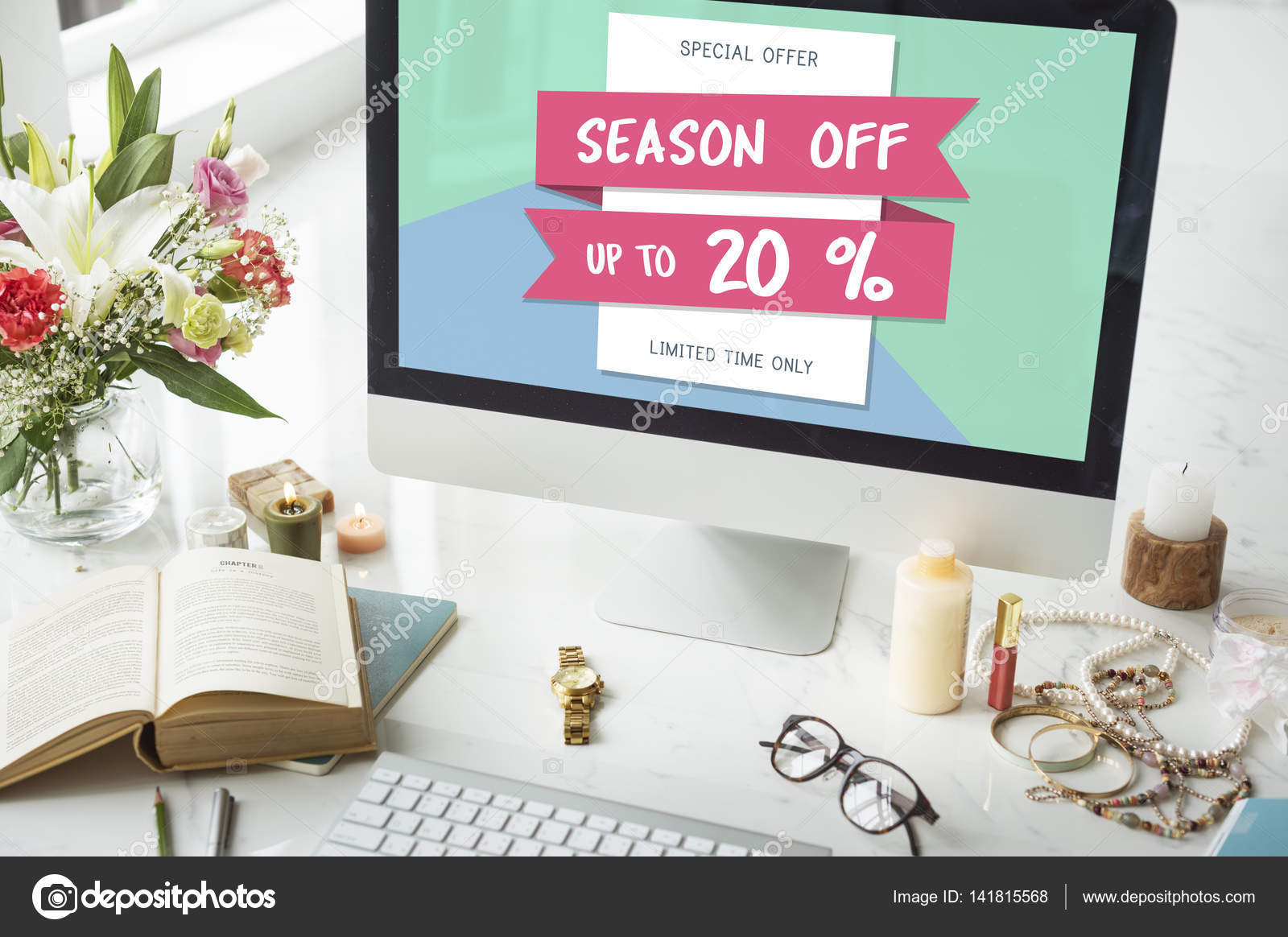 Beautiful workplace table with computer — Stock Photo © Rawpixel #141815568