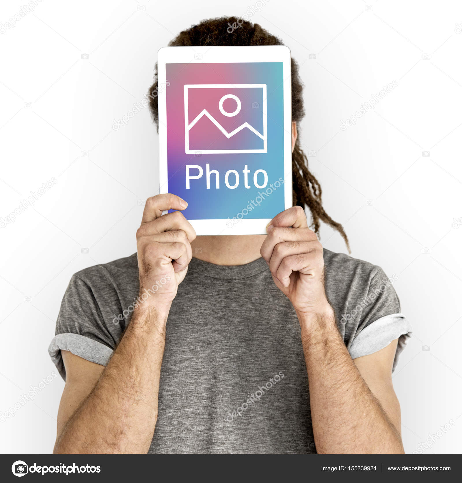 Man holding digital tablet covering face — Stock Photo © Rawpixel ...