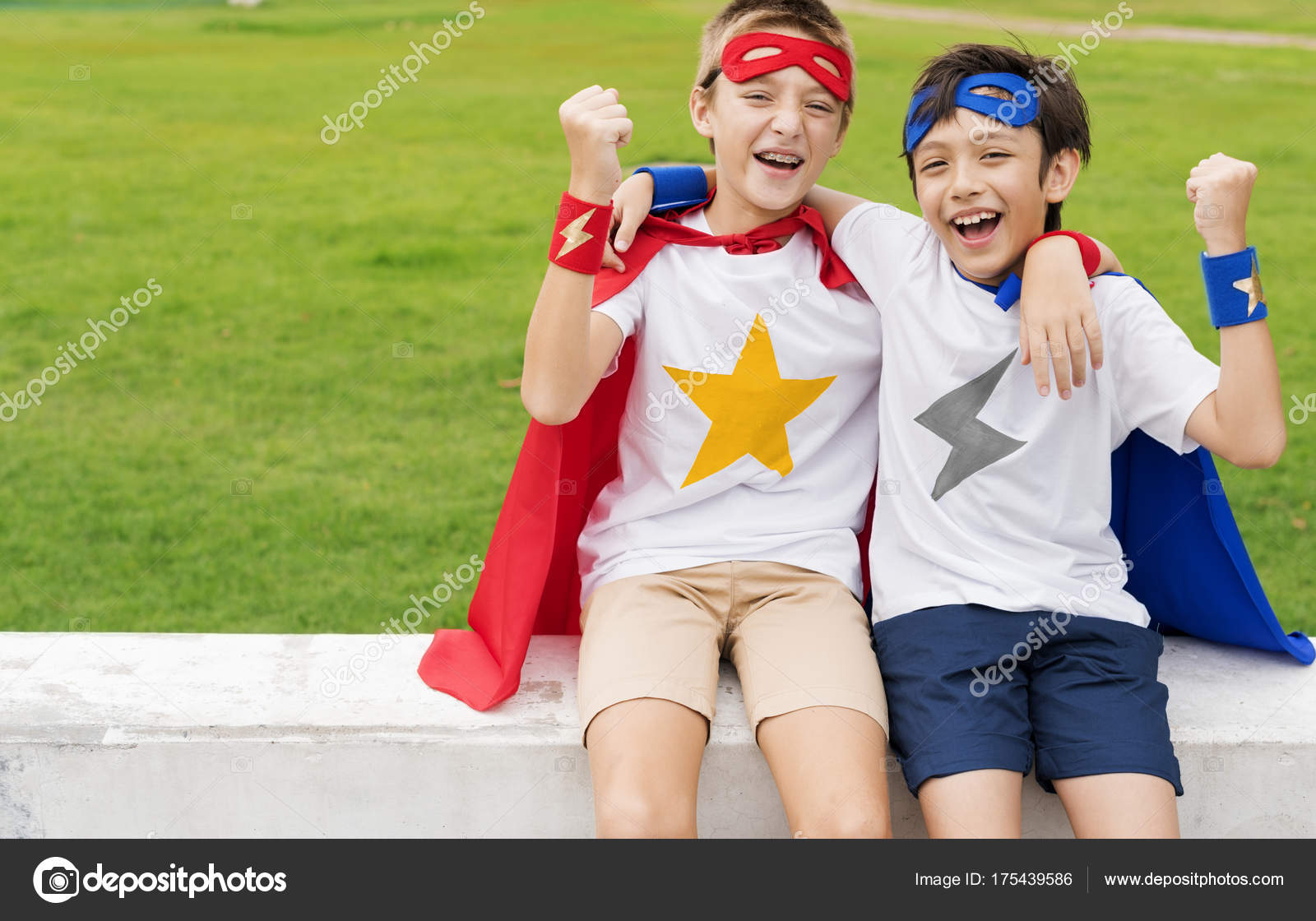 Two Boys Costumes Superheroes Together Original Photoset Stock Photo by ...