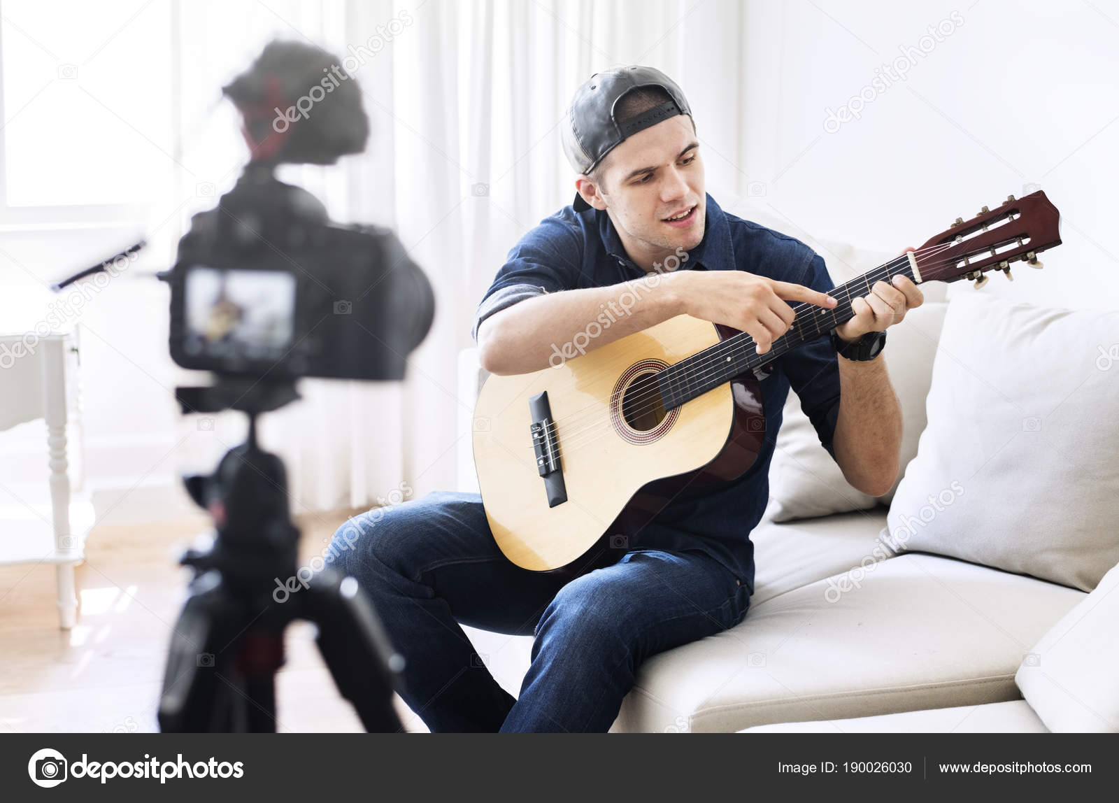 Male Blogger Recording Music Related Broadcast Home — Stock Photo ...