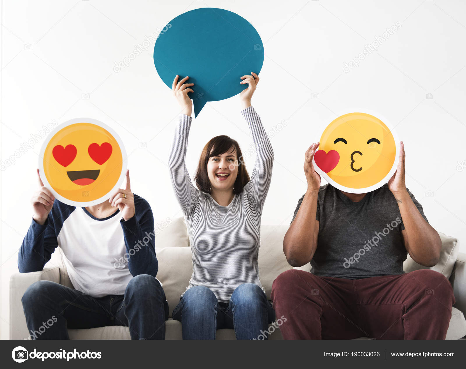Group Diverse Friends Sitting Couch Emoticon Internet Connection ...