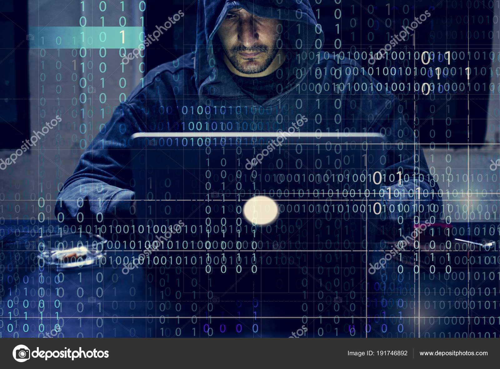 Man Mustache Programming Code Hacking Cybercrime Stock Photo by ...