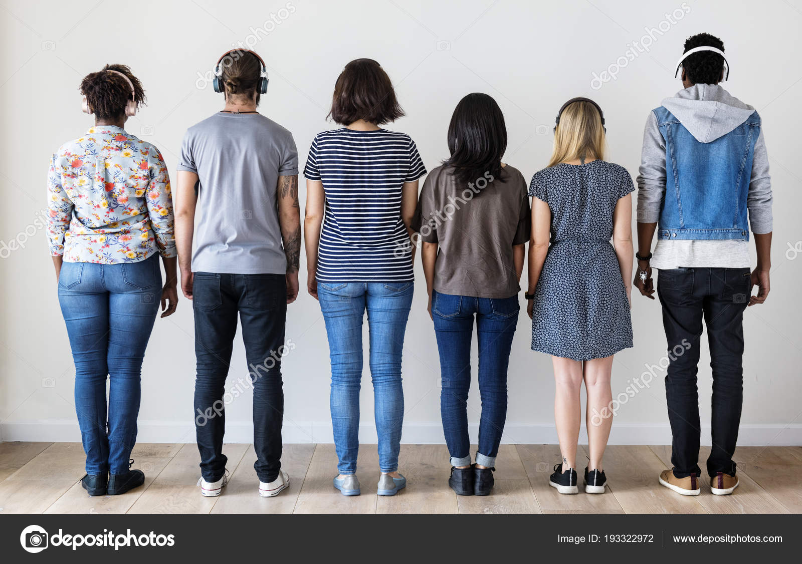 People Standing Row Line Listening Music Headphones Back View Stock ...