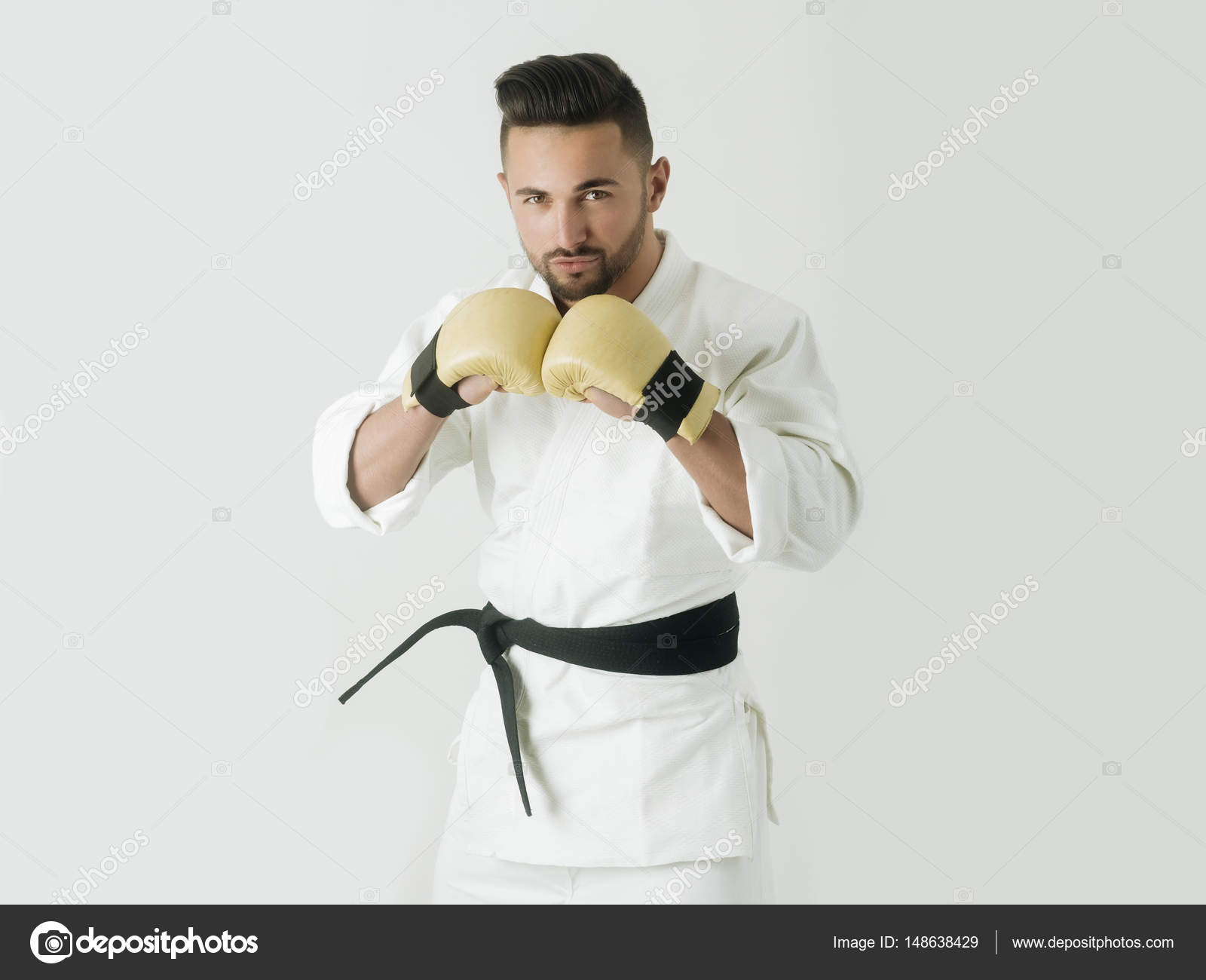 Karate, karatek or boxer on white background, strong man in training ...