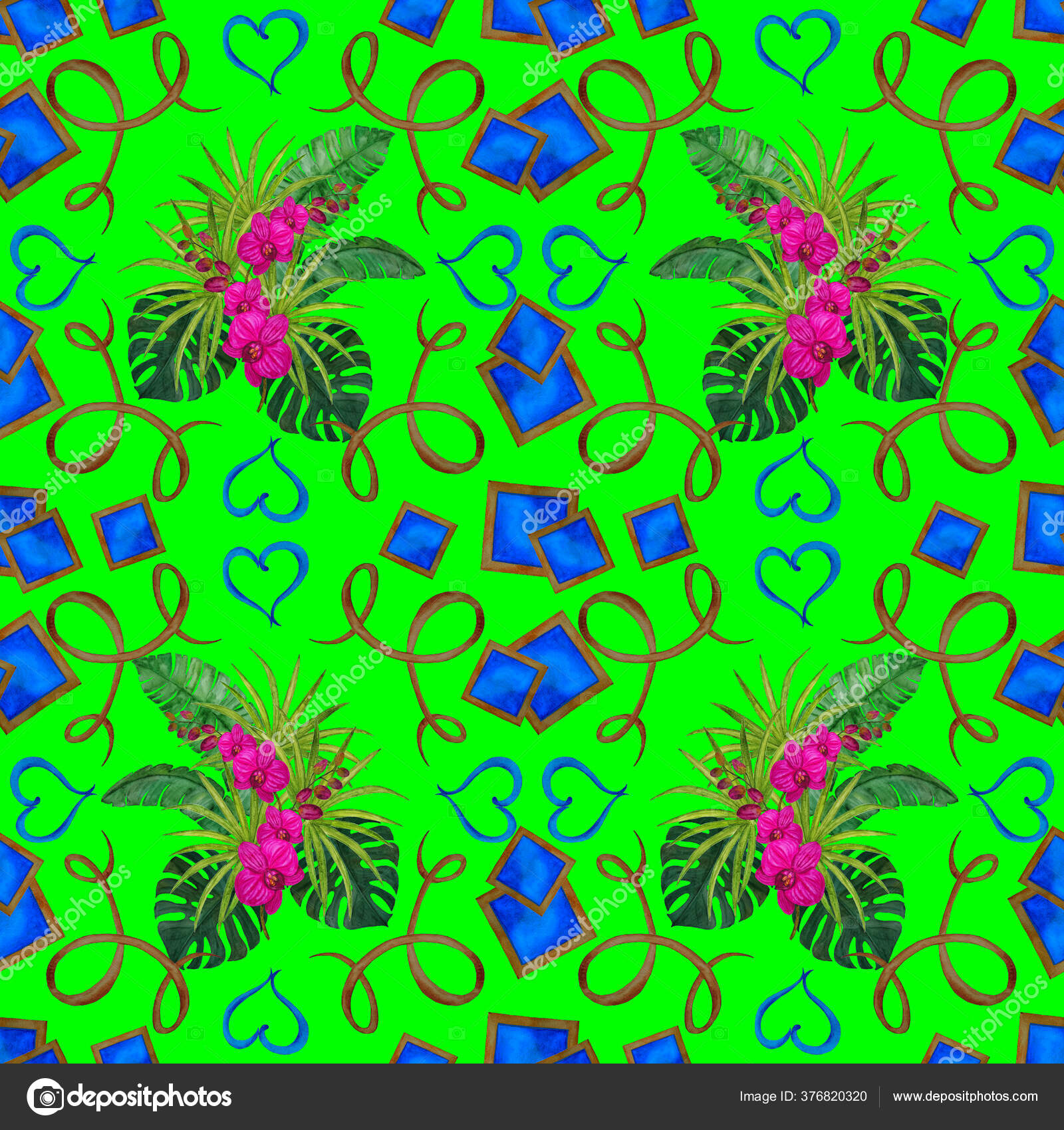 Watercolor Seamless Pattern Jungle Leaves Orchid Flowers Framed ...