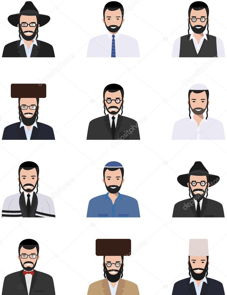Different jewish people characters avatars icons set in flat style ...