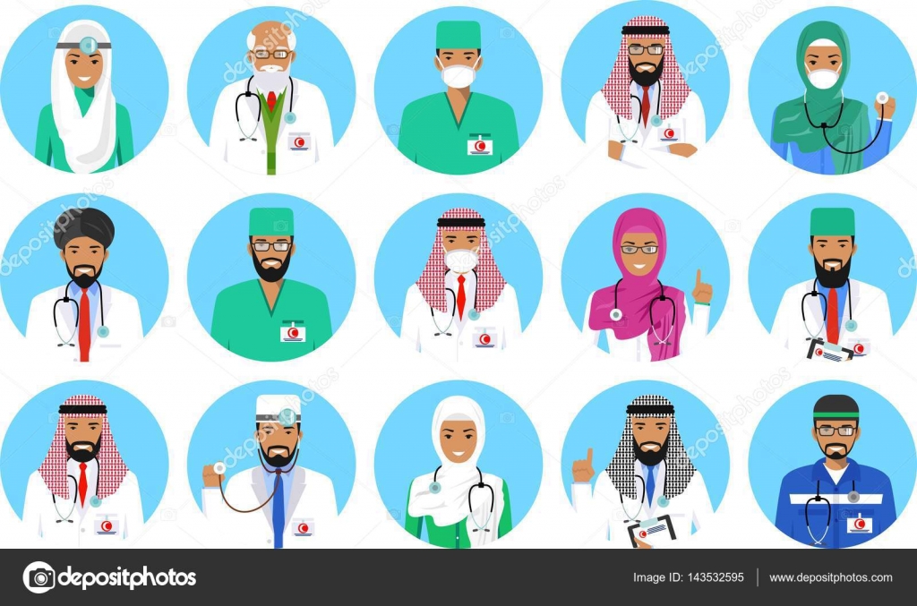 Different muslim arabian doctors, nurses characters avatars icons set ...