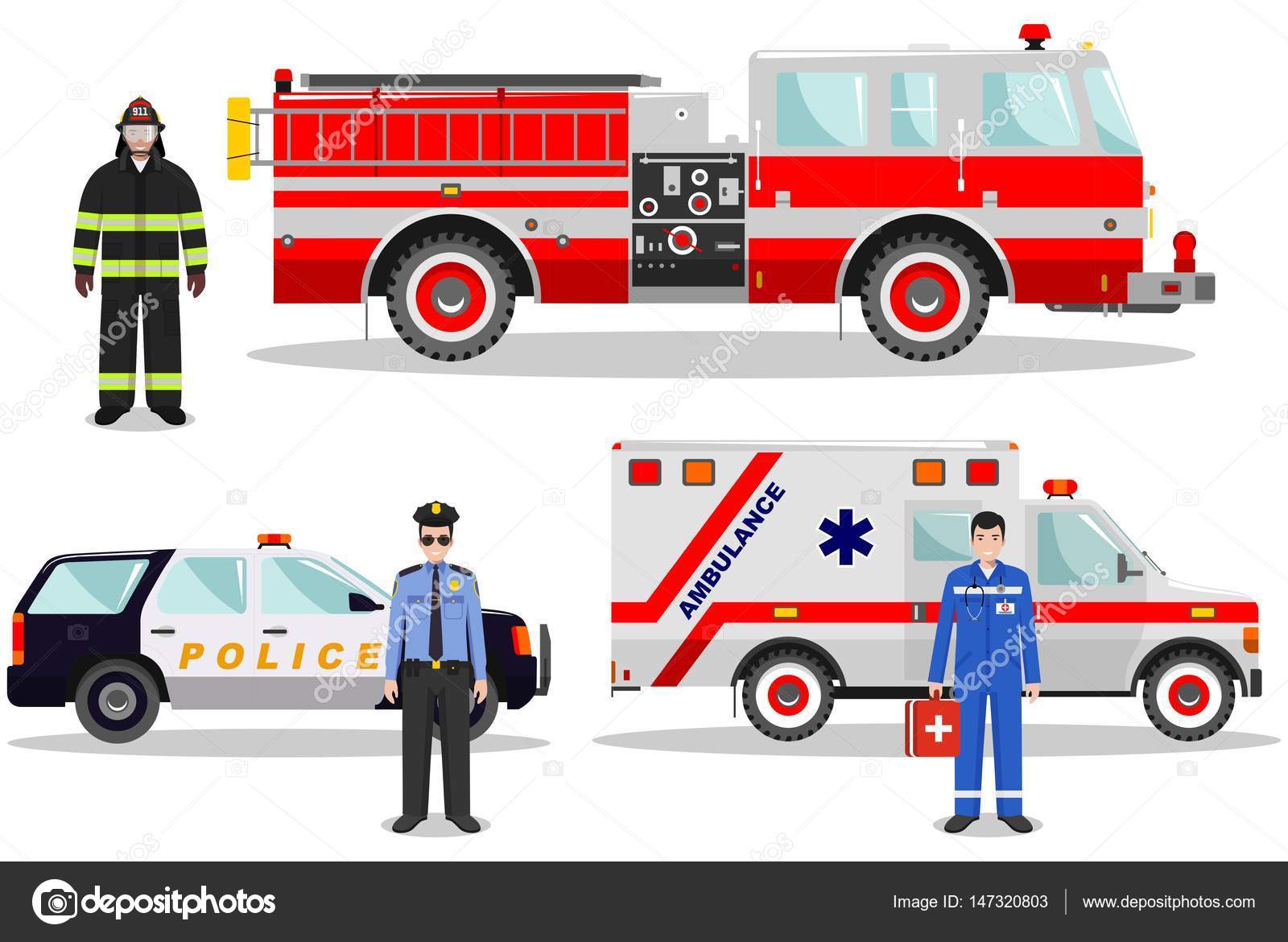 Concepto de emergencia. Ilustración detallada de bombero, médico ...