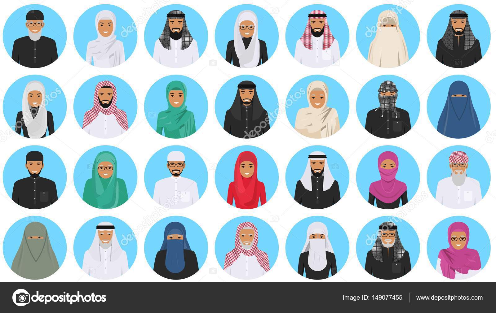 Different muslim arab people characters avatars icons set in flat style ...