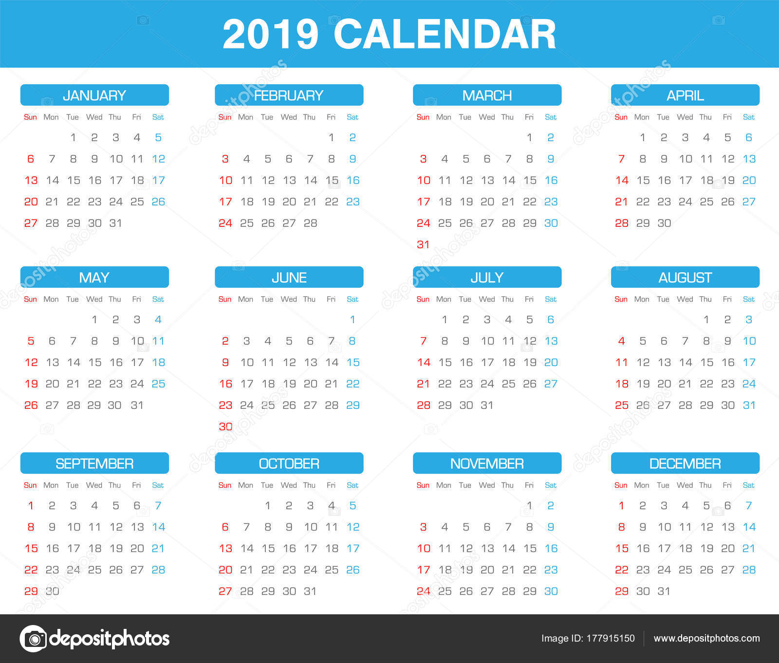 Conjunto Calendário Ano 2019 Simples Todo Mês — Vetor de Stock ...