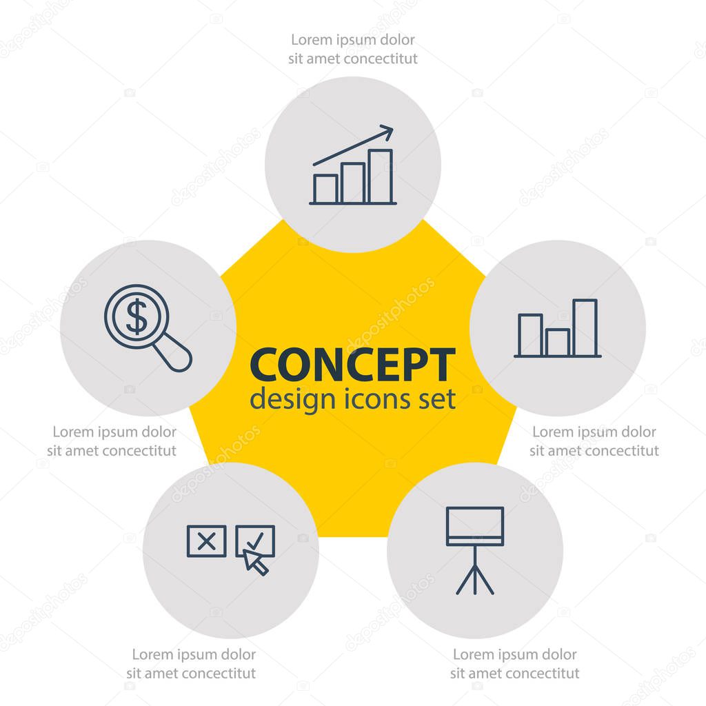 Ilustraci n vectorial de 5 iconos de gesti n. Paquete editable de lupa, gr fico, recisi n y ...