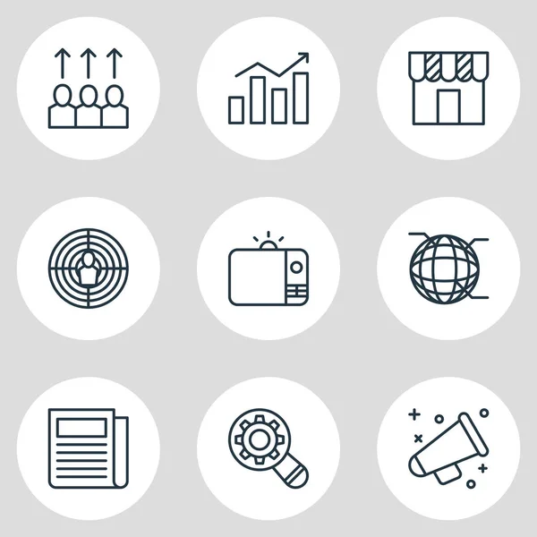 Vector illustration of 9 marketing icons line style. Editable set of tv ...