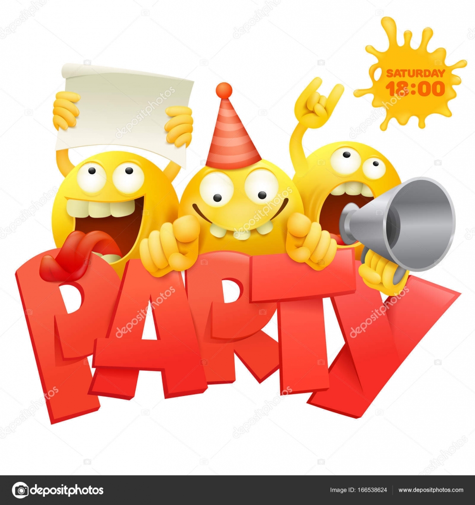 Smiley yellow faces group emoticon characters with Party invitation ...