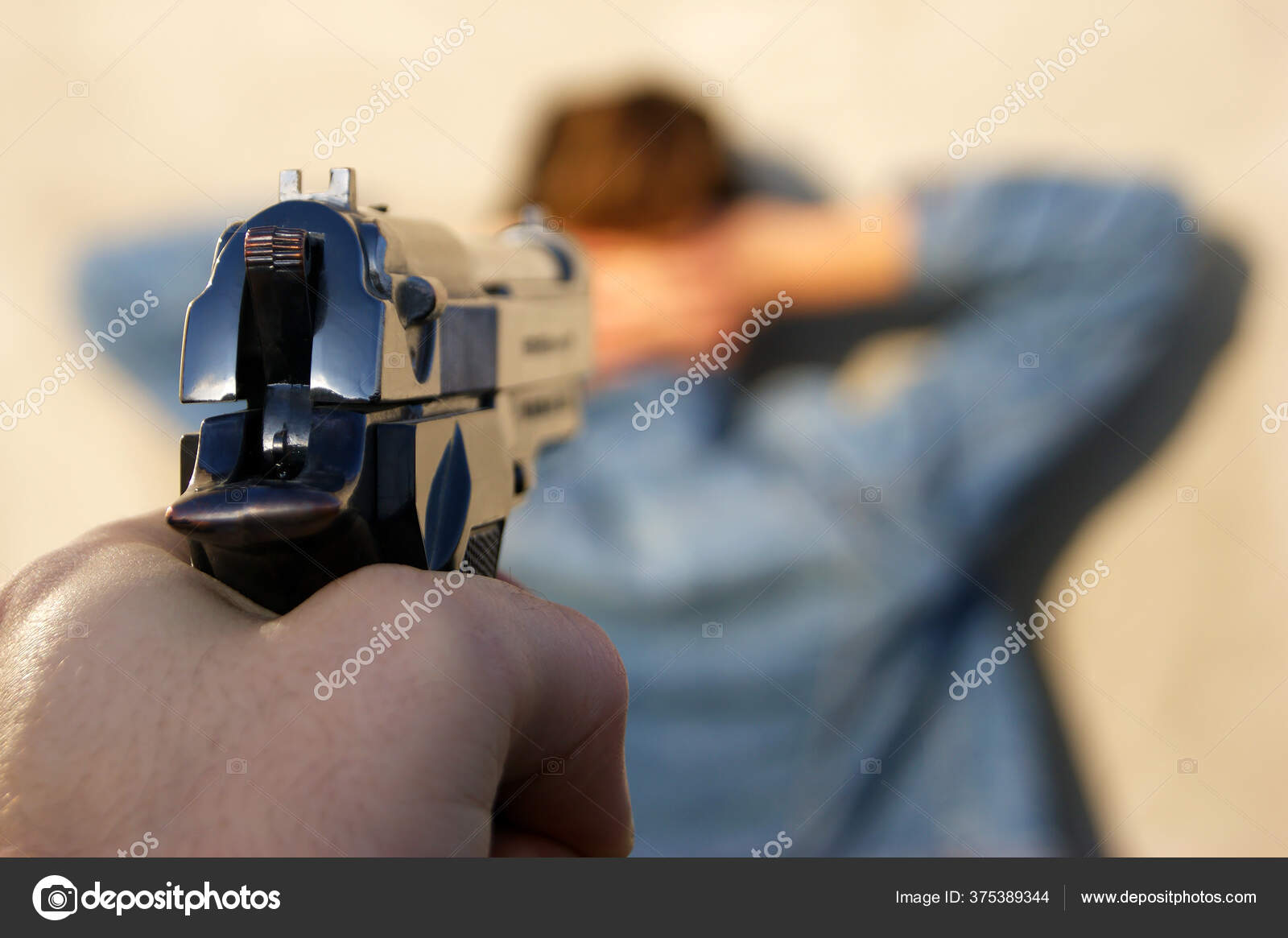 Man Points Gun Prisoner Victim Facing Wall His Hands Back — Stock Photo ...