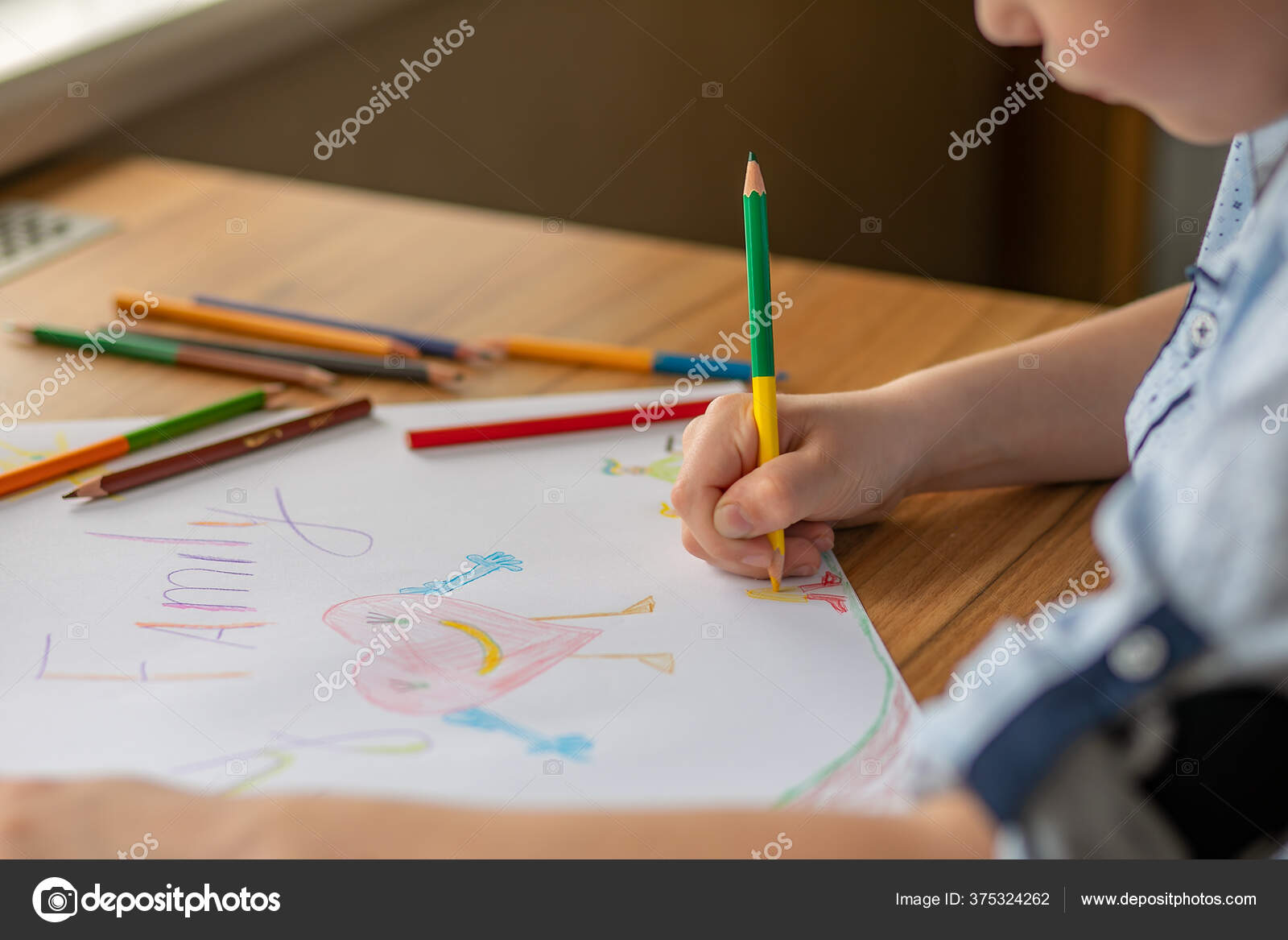 Child's Hand Holds Pencil Draws Picture Inscription Drawing Family ...