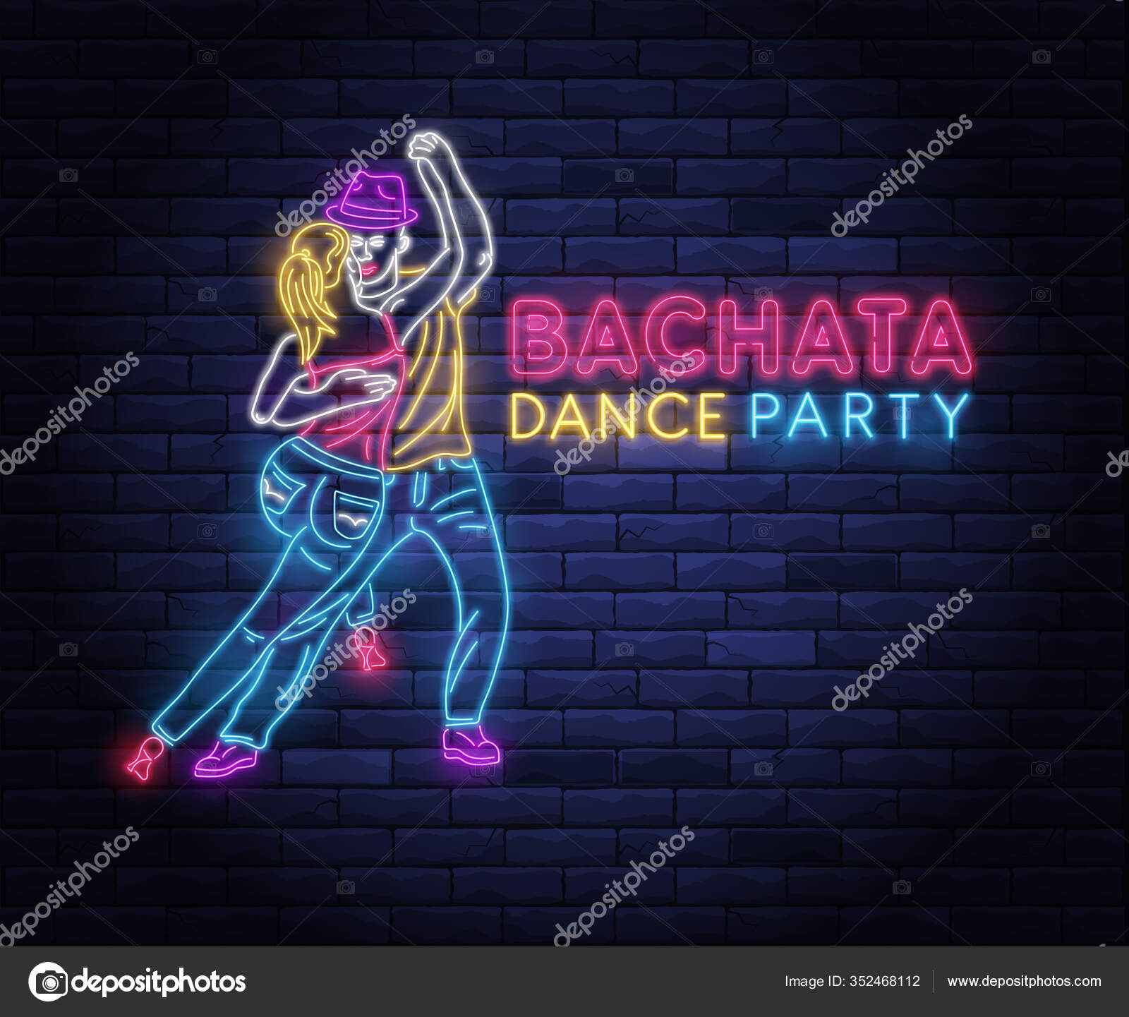 Bachata Dance Party Neon Banner Dancing Couple Brightly Illuminated ...