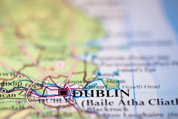 Shallow depth of field focus on geographical map location of Dublin ...