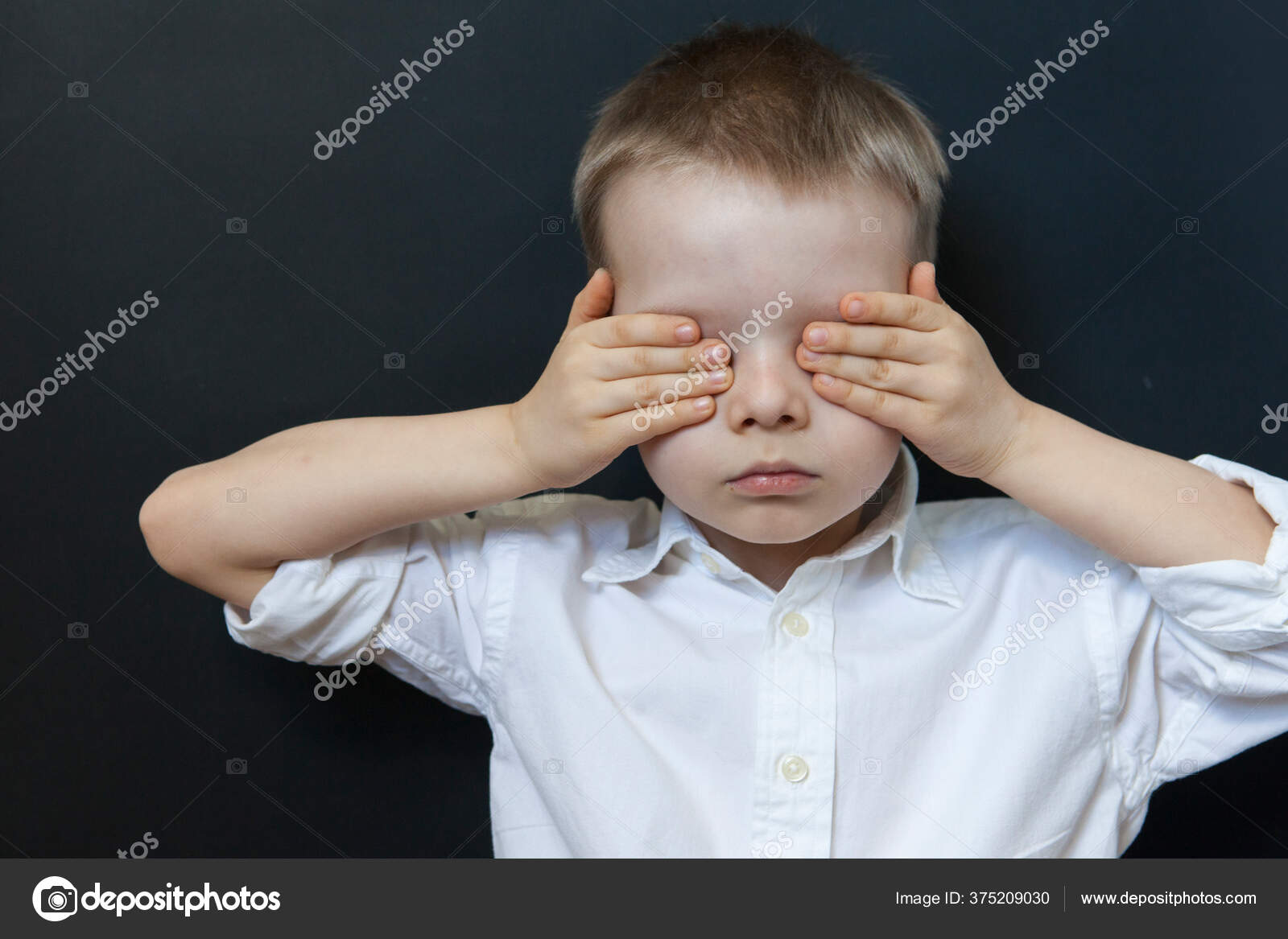 Scared Boy Black Background Fear Children Hand Cover Face — Stock Photo ...