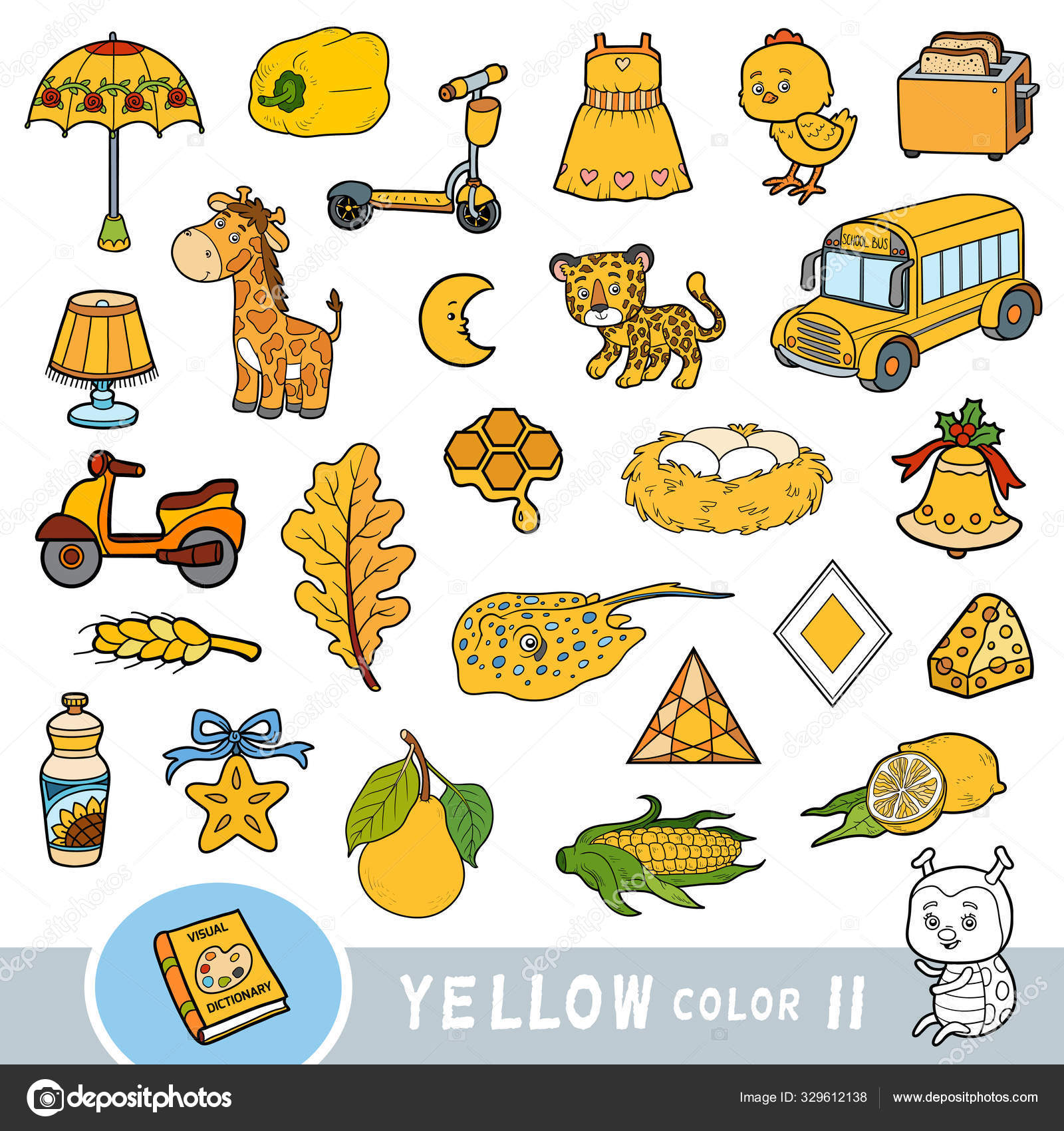 Colorido conjunto de objetos de color amarillo. Diccionario visual para niños sobre los colores ...