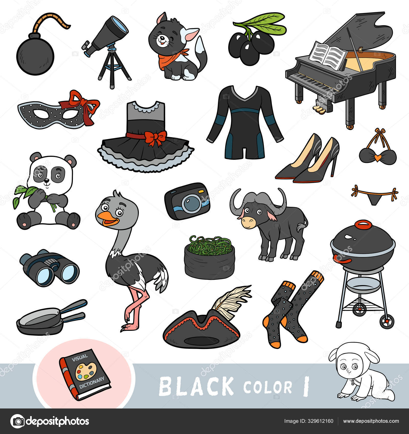 Colorful set of black color objects. Visual dictionary for children ...