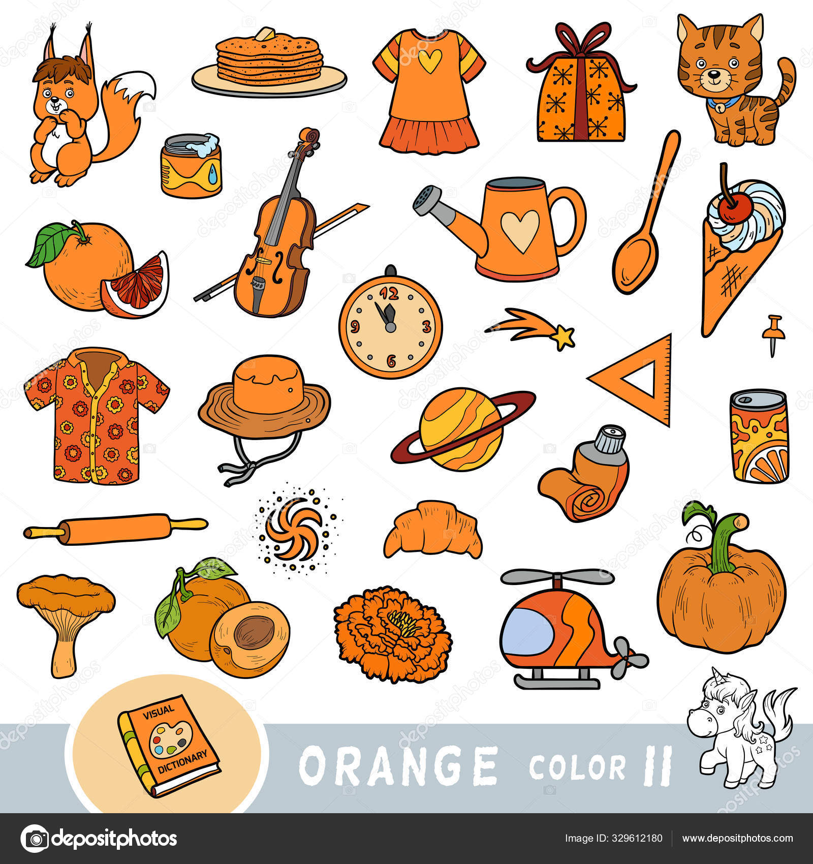 Colorful set of orange color objects. Visual dictionary for children ...