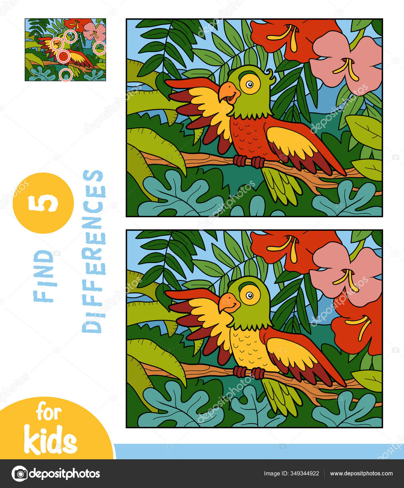 Find Differences Educational Game Children Parrot Branch Rainforest ...