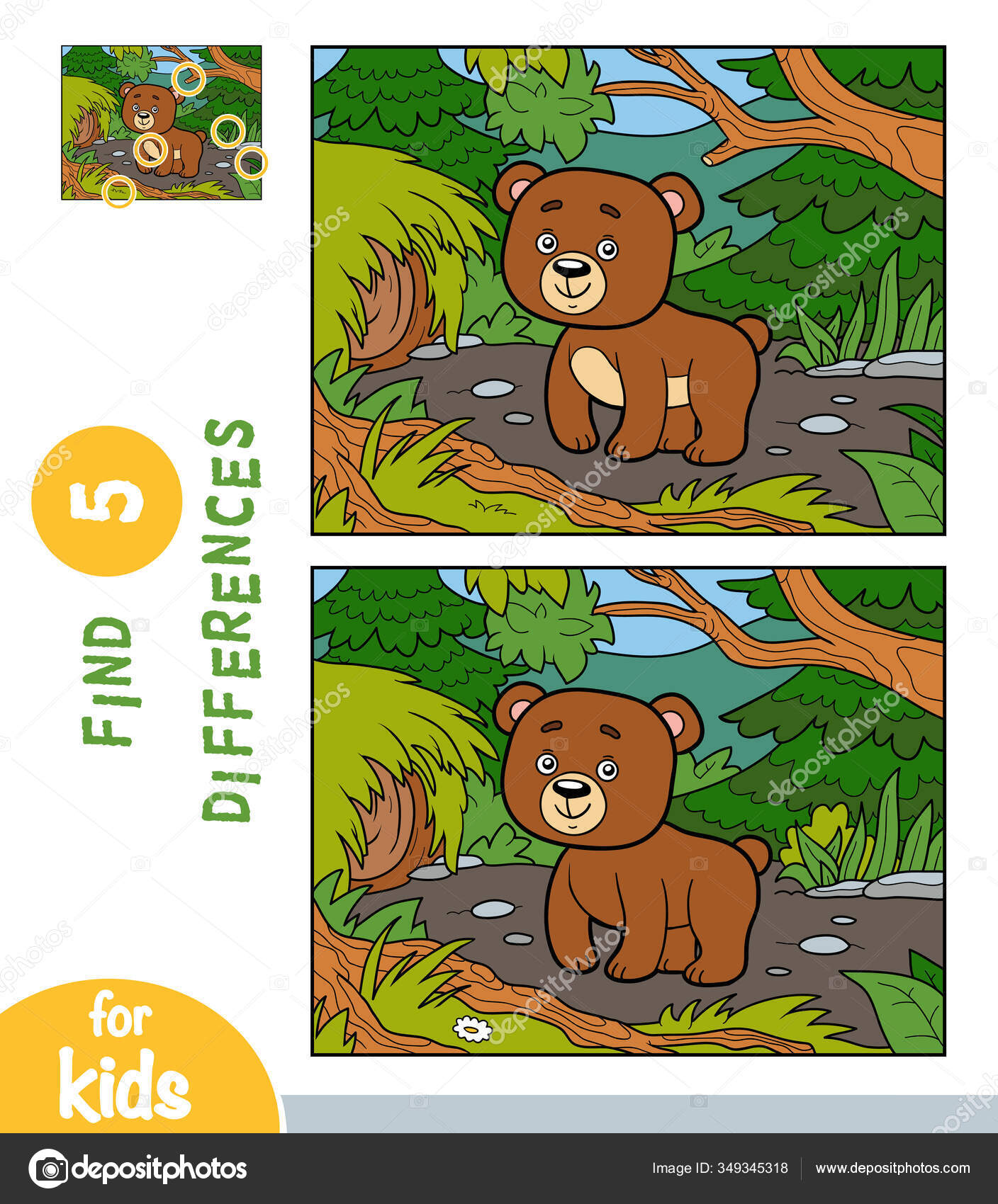 Find Differences Educational Game Children Bear Forest Glade ⬇ Vector ...