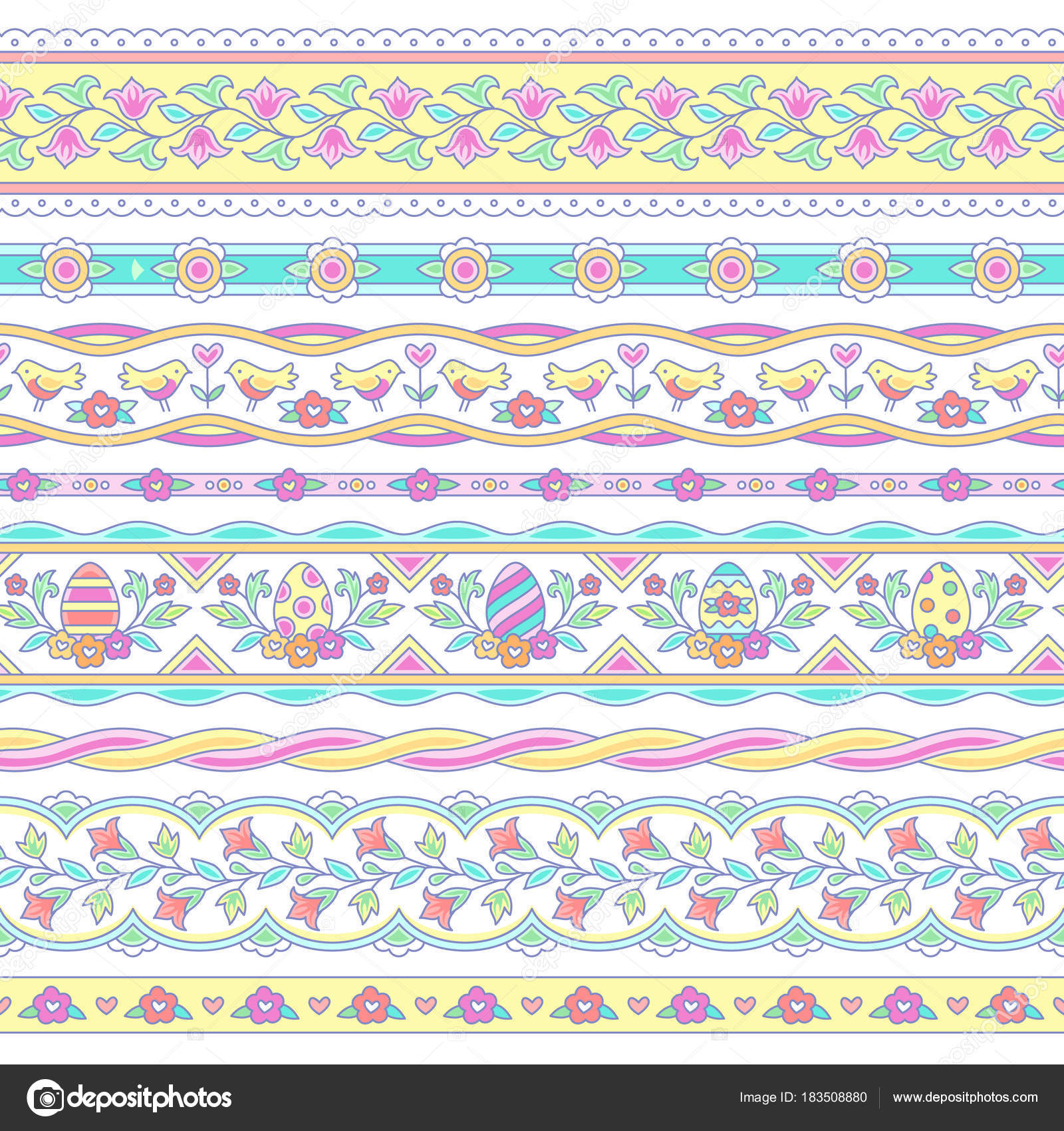 Set Cute Borders Easter Design Decoration Collection Seamless Borders ...