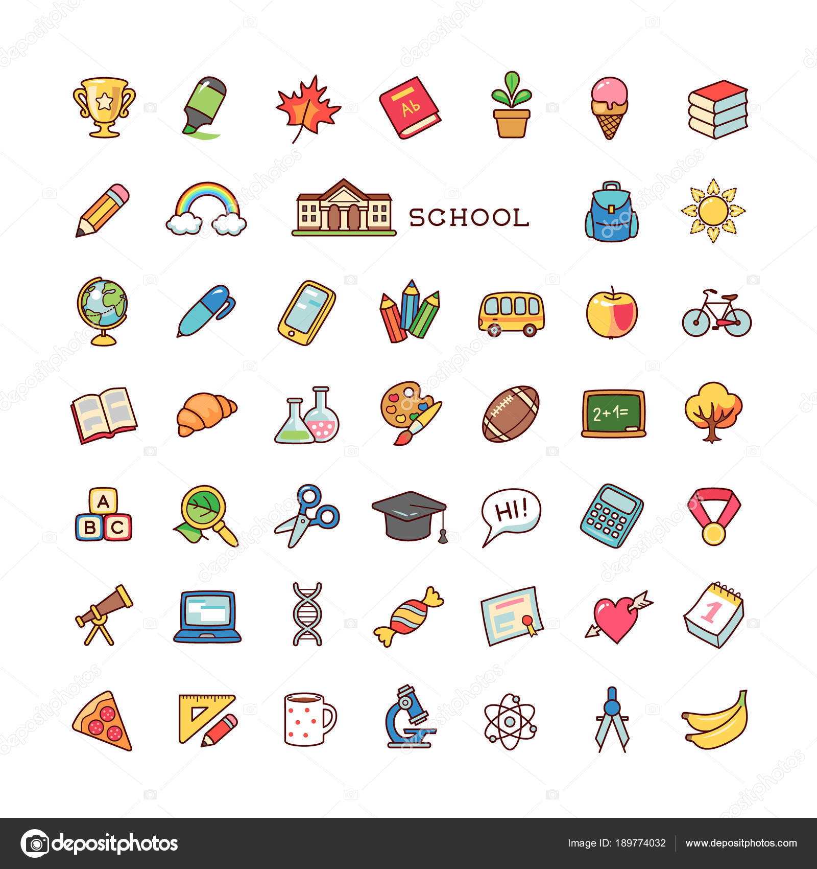 Collection Objects Symbols School Set Cartoon Icons Isolated White ...