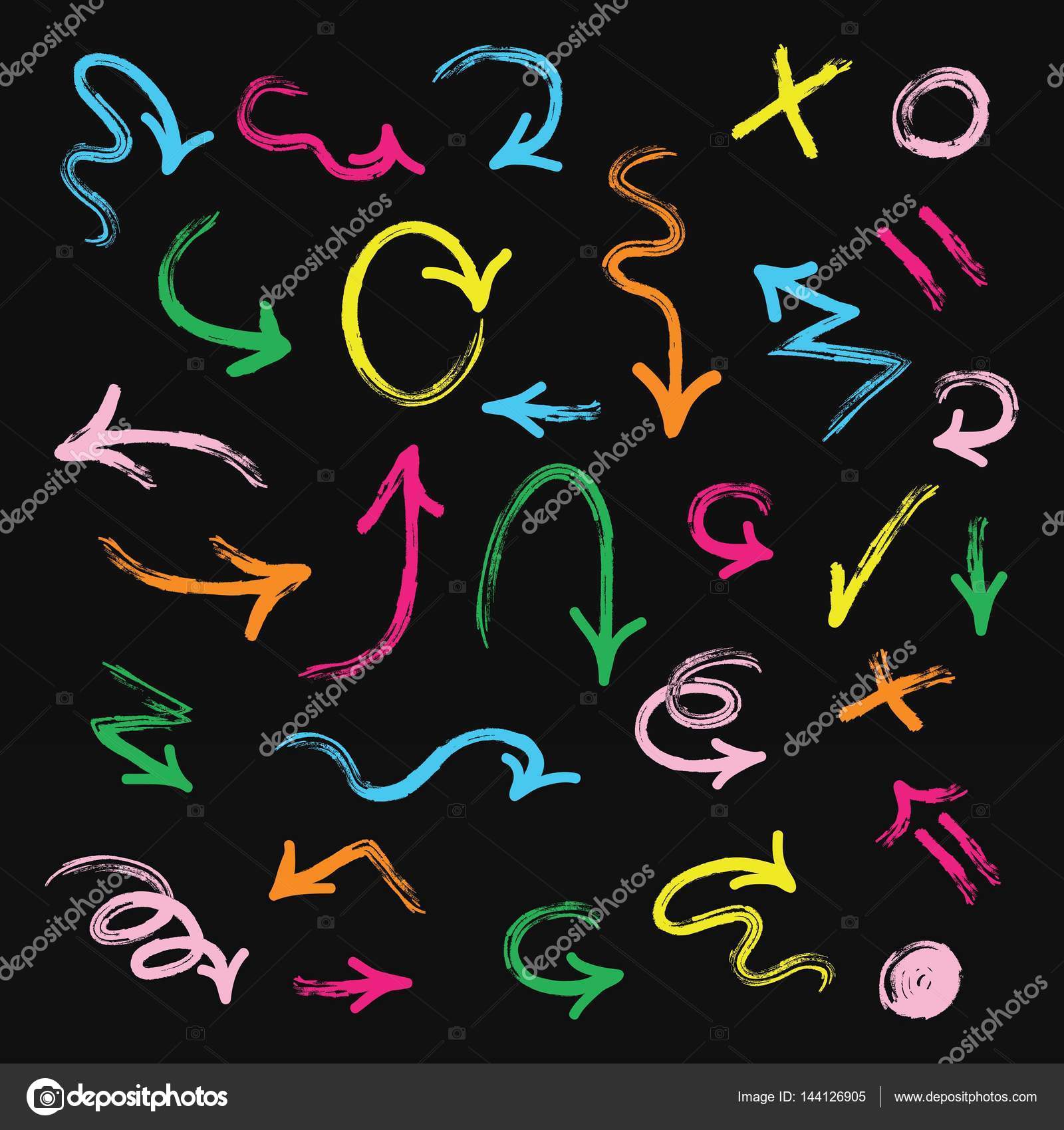 Colorful hand drawn direction arrows set on black background Stock ...