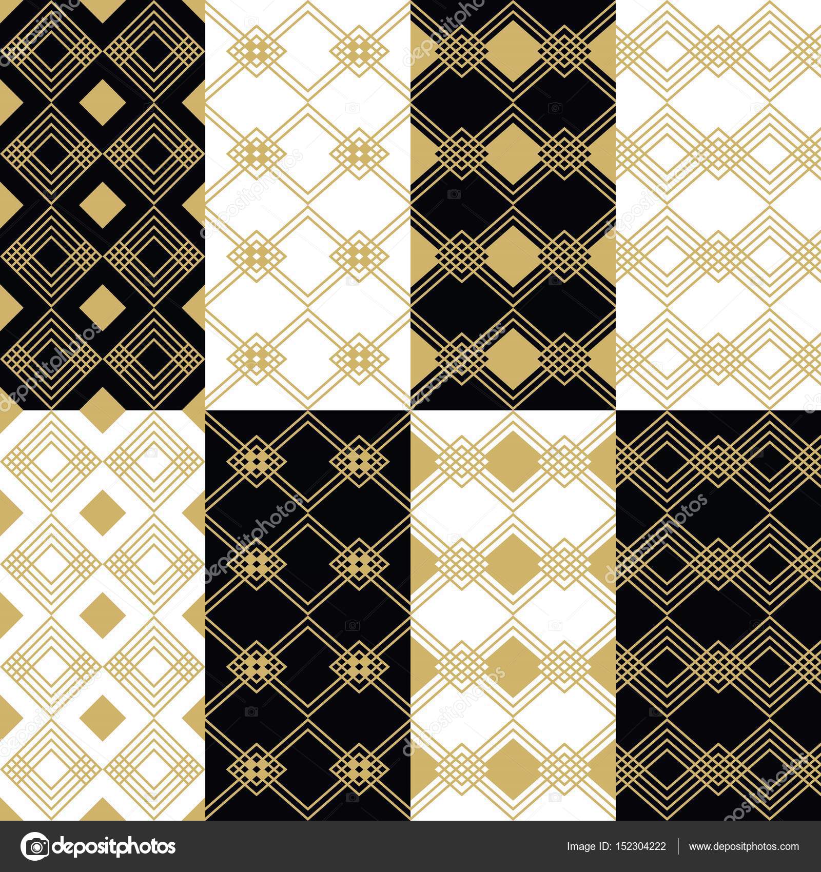 Golden modern art deco square patterns set on black and white ...