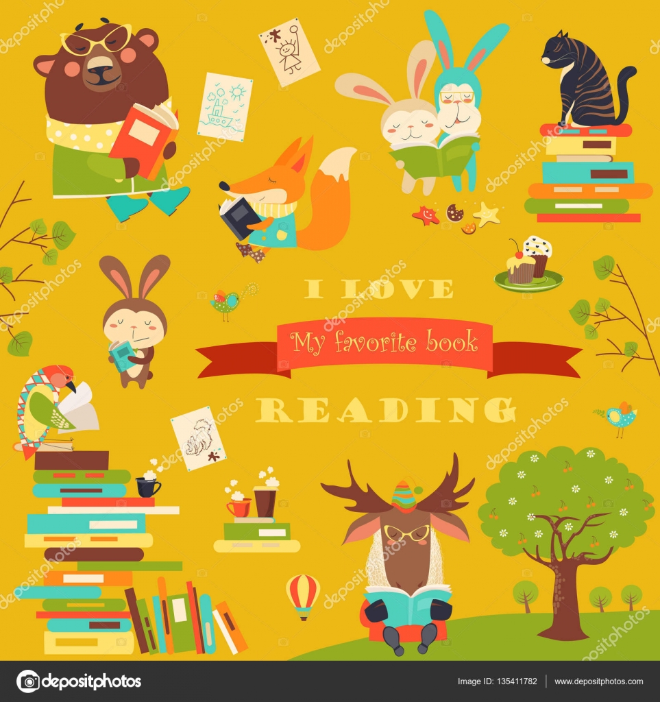 Cartoon animal reading a book | Set of cartoon animals reading books ...